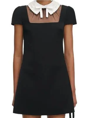 SELF-PORTRAIT Sheer Yoke Bow Collar Mini Dress - Black