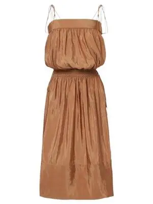 Saint Laurent Sleeveless Shirred Drawstring Dress - Brown