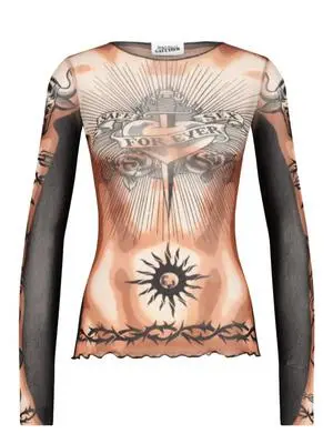 JEAN PAUL GAULTIER Tattoo Print Mesh Long Sleeve Top - Brown
