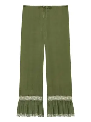 Saint Laurent Silk Satin Lace Cuff Pants - Kaki