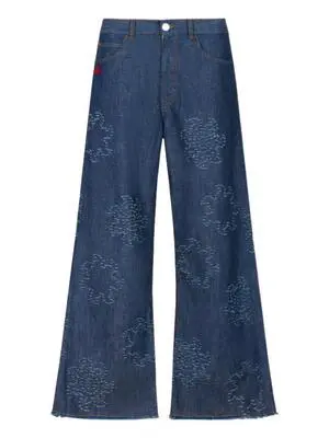 Marni Frayed Sun Motif Chambray Wide-leg Jeans - Orion Blue