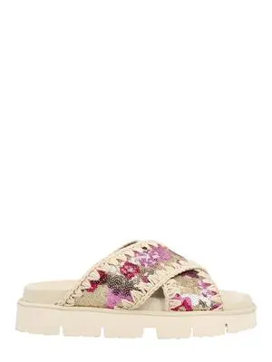 Mou Criss Cross Embellished Flat Sandals Nude