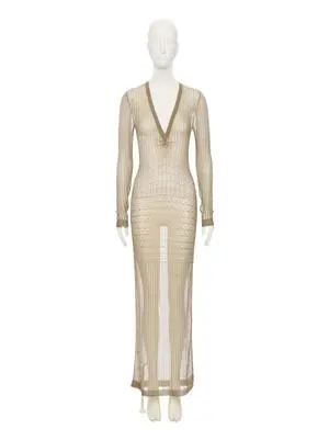 Valentino Garavani Long-sleeved Sheer V-neck Maxi Dress - Nude