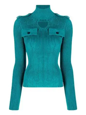 Bottega Veneta Rib-knit Cut-out Jumper With High Neck And Epaulettes - Blue