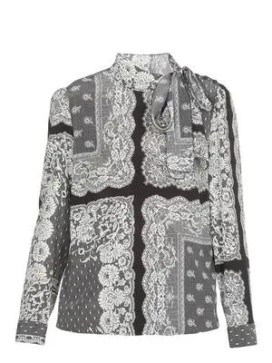 Red Valentino Long Sleeve Printed Bow Tie Blouse - Gray