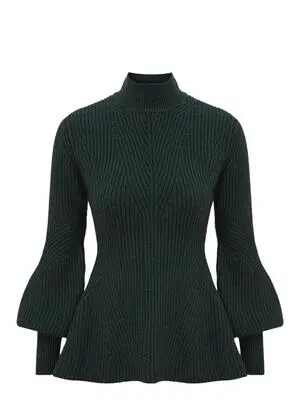 Zimmermann Hypnotic Ribbed Knit Turtleneck Sweater With Blouson Sleeves And Peplum Hem - Dark Green