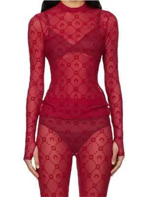 MARINE SERRE Long-sleeve Sheer Mesh Printed Top - Red