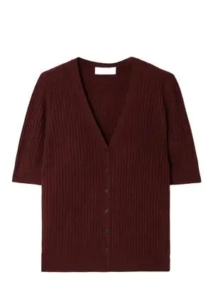 Arch4 V-neck Ribbed Knit Cardigan With Half Sleeves - Brown