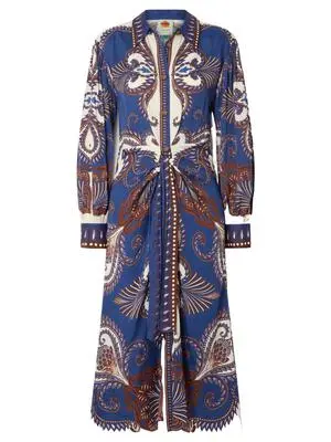 Farm Rio All-over Printed Tied-waist Long-sleeved Dress - Blue