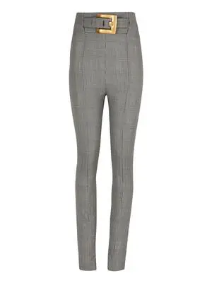 Balmain Checked Belted High-waist Pants - Gray