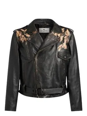 Etro Leather Biker Jacket With Placed Leopard Print - Black