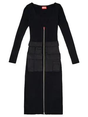 DIESEL® Ribbed Zip-front Pocketed Midi Dress - Black
