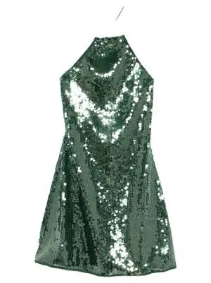 Oseree Sequin Halterneck Mini Dress - Green
