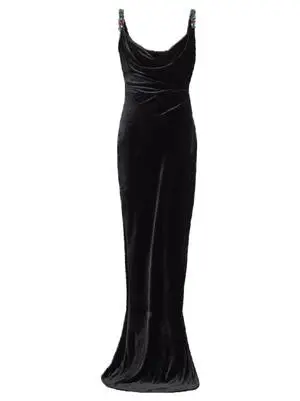 Balmain Long Velvet Gown With Embellished Straps - Black