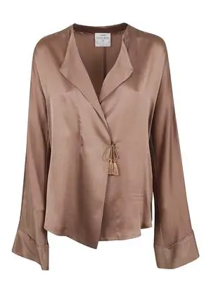 FORTE_FORTE Shiny Stretch Silk Satin Crossed Shirt - Brown