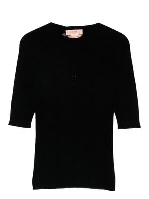 TWINSET Ribbed Knit Top With Openwork Details - Black