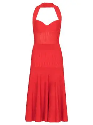 Balmain Halterneck Pleated Knit Midi Dress - Red