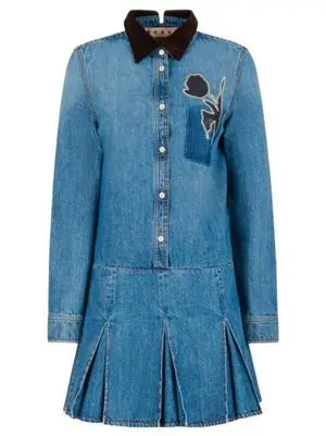 Marni Denim Mini Dress With Velvet Collar And Pleated Skirt - Blue