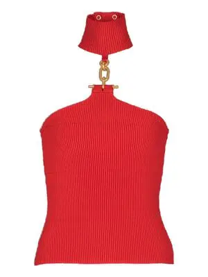 Balmain Ribbed Knit Halter Top With Chain Detail - Red