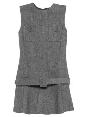 SELF-PORTRAIT Sleeveless Herringbone Belted Dress With Patch Pockets - Gray