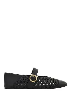 FERRAGAMO Gancini Buckle Woven Ballet Flat - Black