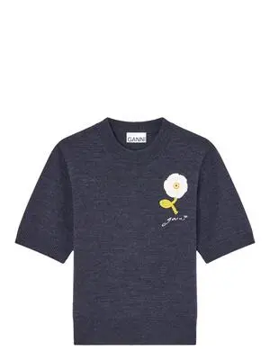 GANNI Knitted T-shirt With Crochet Appliqu - Phantom Black