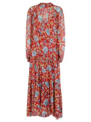 Rixo Floral Printed Long Sleeve Dress - Red