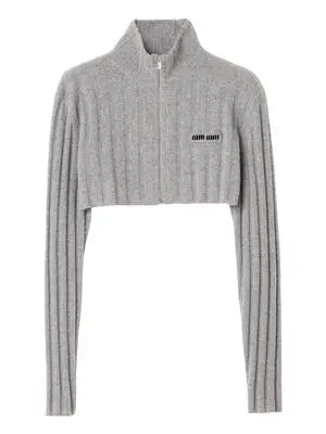 Miu Miu Cropped Wool And Cashmere Ribbed Zip-up Cardigan - Grey