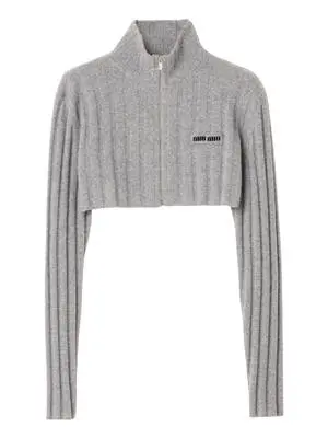 Miu Miu Cropped Wool And Cashmere Ribbed Zip-up Cardigan - Grey