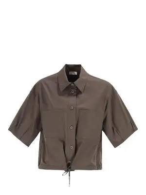 Peserico Cropped Stretch Sateen Shirt With Drawstring Hem - Brown