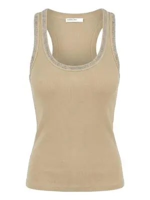 Patrizia Pepe Rhinestone Trim Ribbed Tank Top - Nude