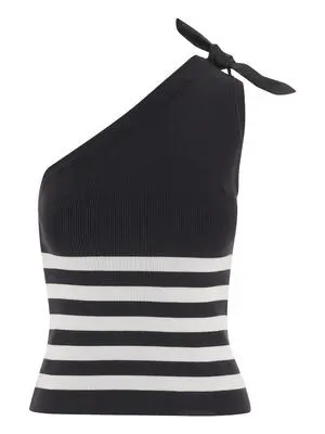 PATOU Striped Ribbed One-shoulder Top With Tie Detail - Black