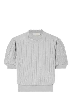Ulla Johnson Crocheted Openwork Knit Puff Sleeve Top - White