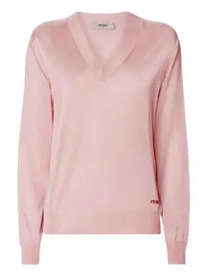 Fendi Logo Embroidered V-neck Jumper - Pink