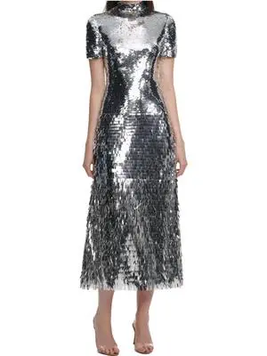 SELF-PORTRAIT Sequin Embellished High Neck Midi Dress - Silver