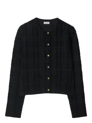 Burberry Checked Wool Blend Jacket With Crest Detail - Black