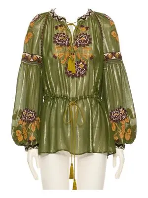 Valentino Garavani Floral Embroidered Tassel Detailed Blouse - Green