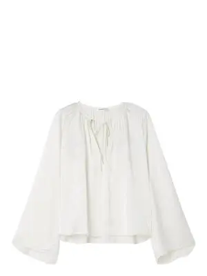 FRAME Pleated Blouse With Keyhole Neckline - White