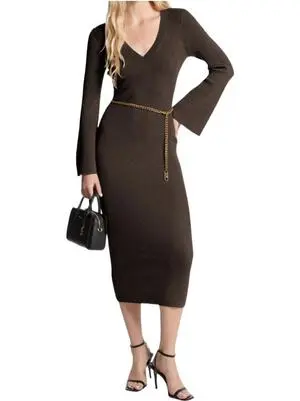 Michael Kors V-neck Belted Midi Dress - Chocolate-colored