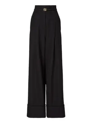 Fendi Ff Buckle Belted Wide-leg Wool Trousers - Black