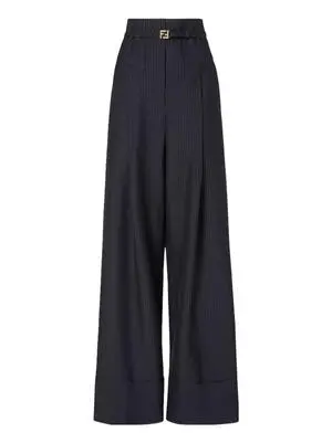 Fendi Belted Pinstriped Wide-leg Trousers - Black