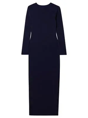 Norma Kamali Crewneck Gown With Long Sleeves And Side Slit - Navy Blue