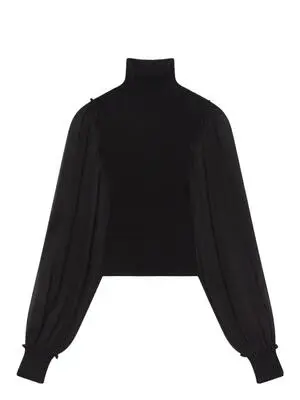 FRAME Ribbed Knit High-neck Blouse With Sheer Sleeves - Black