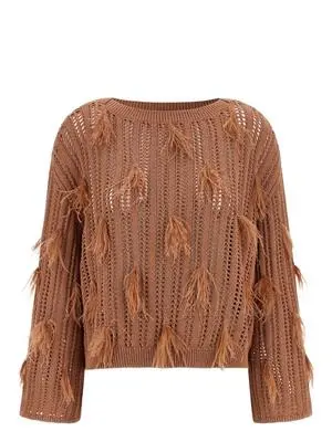 TWINSET Boat Neck Knitted Jumper With Feather Trim - Brown