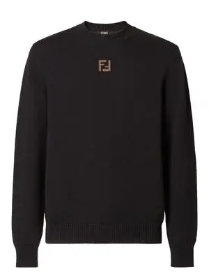 Fendi Crewneck Knitted Jumper With Ff Detail - Black