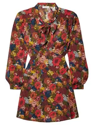 DÔEN Floral Long Sleeve Mini Dress With Bow Neckline - Red
