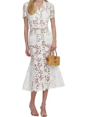 SELF-PORTRAIT Lace Collared Midi Dress With Diamanté Accents - White