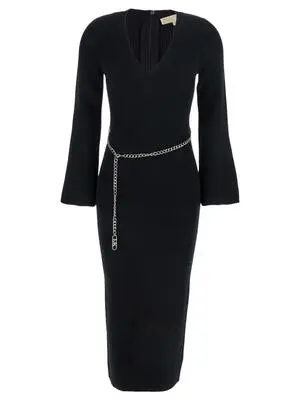 Michael Kors V-neck Belted Midi Dress - Black