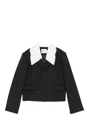 SELF-PORTRAIT Broderie Anglaise Collar Cropped Blazer - Grey