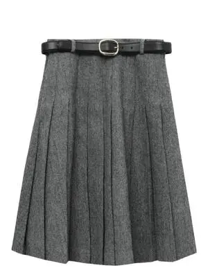 SELF-PORTRAIT Pleated Midi Skirt With Herringbone Pattern And Belted Detail - Grey